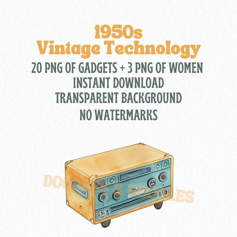 1950s Vintage Clipart, Retro Technology Watercolor Png, Vintage 50s 60s ...