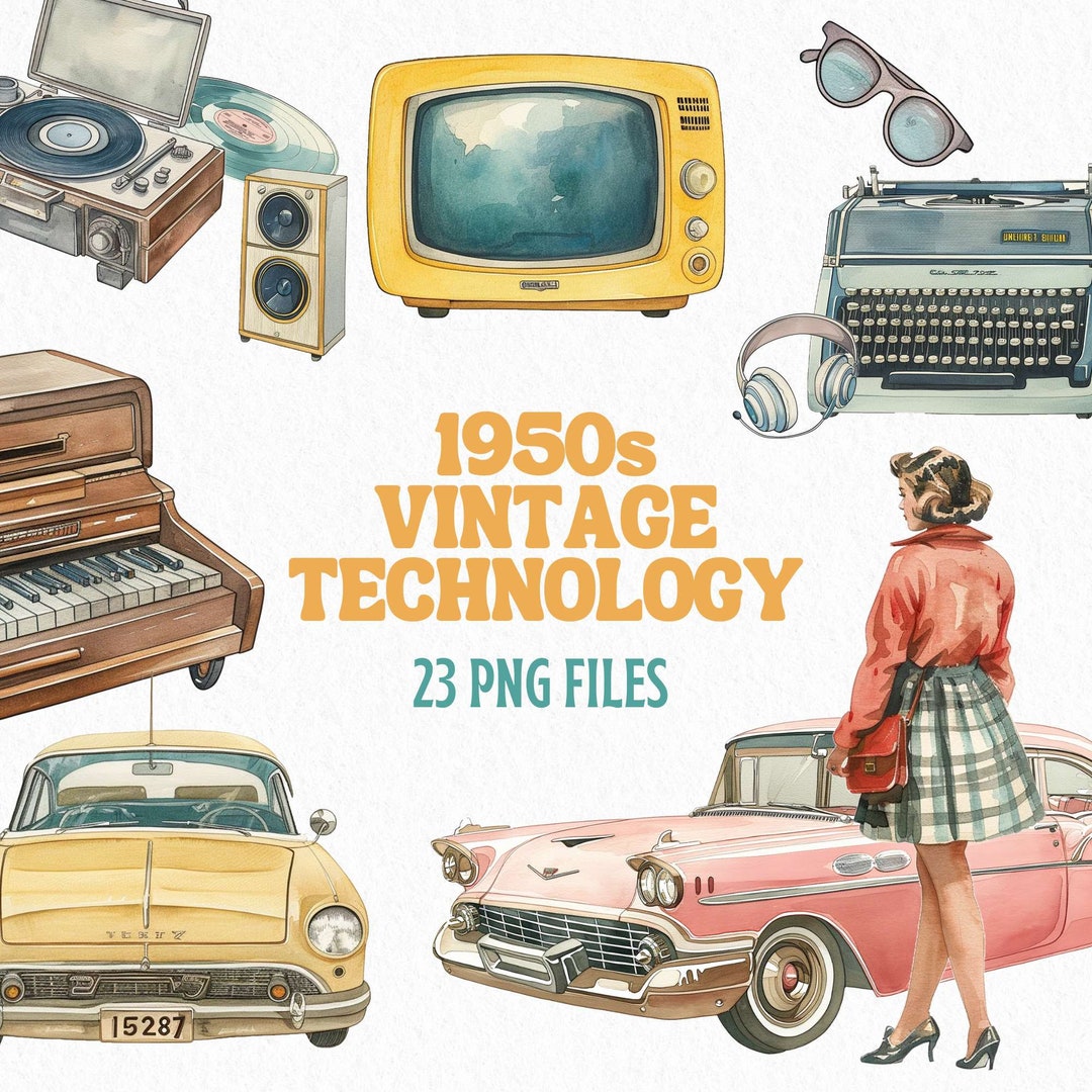 1950s Vintage Clipart, Retro Technology Watercolor Png, Vintage 50s 60s ...