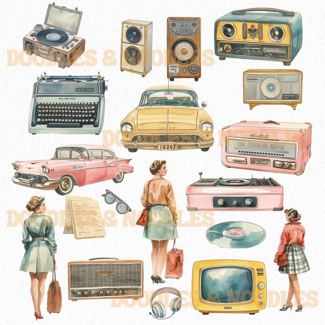 1950s Vintage Clipart, Retro Technology Watercolor Png, Vintage 50s 60s ...