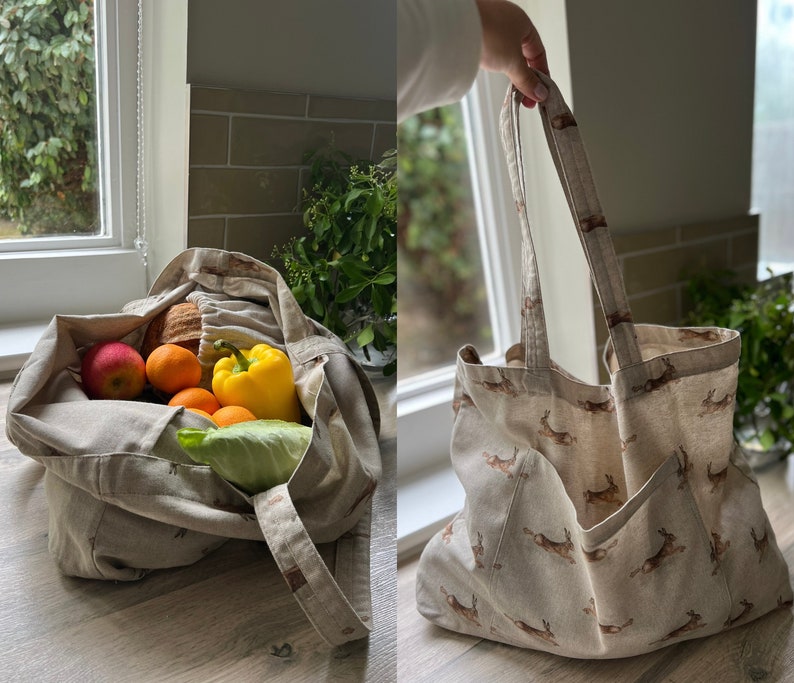 Natural Linen Bag With Pocket | Rabbit Print | Eco-friendly Shopping ...