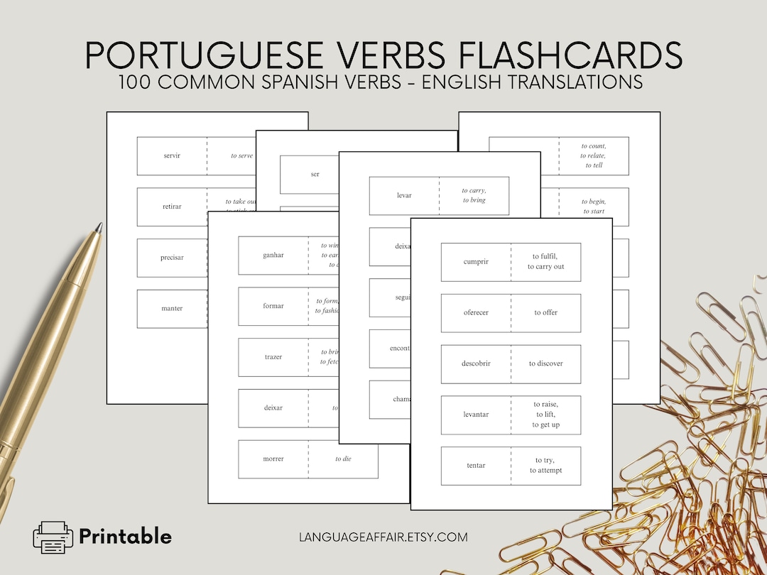 100 Common Portuguese Verbs Flashcards, Language Study, Printable ...