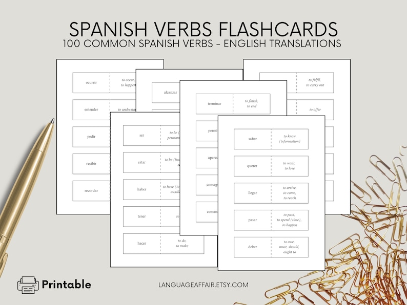 100 Common Spanish Verbs Flashcards, Language Study, Printable, Grammar ...