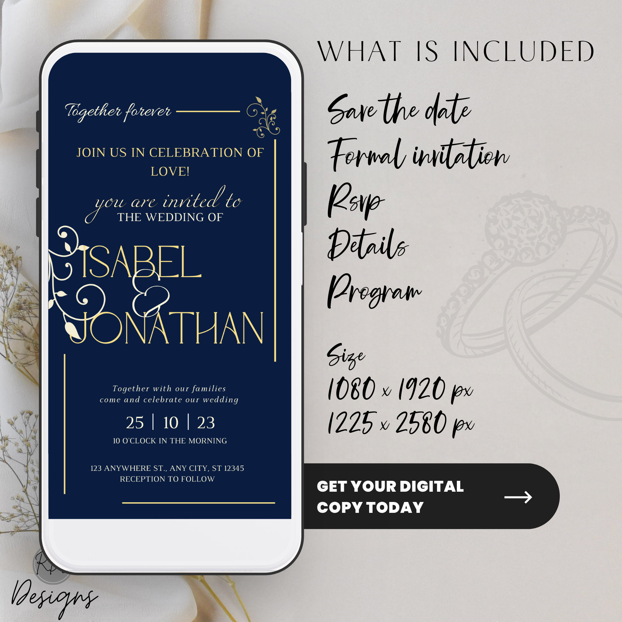 Navy Wedding Evite Template Navy Blue and Gold Wedding Evite Wedding ...