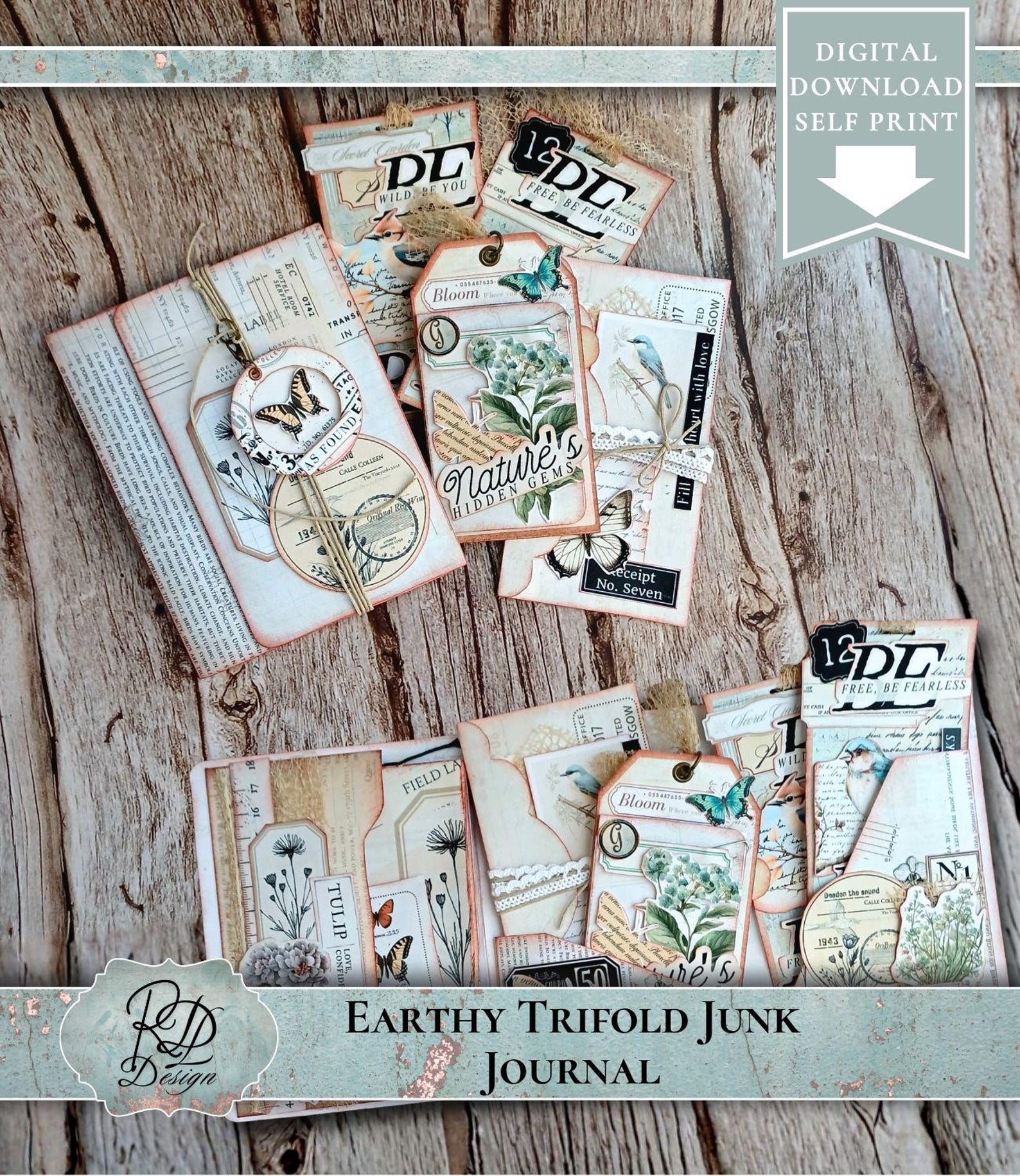 Earthy Trifold Junk Journal Kit Printable Bird and Floral Ephemera ...