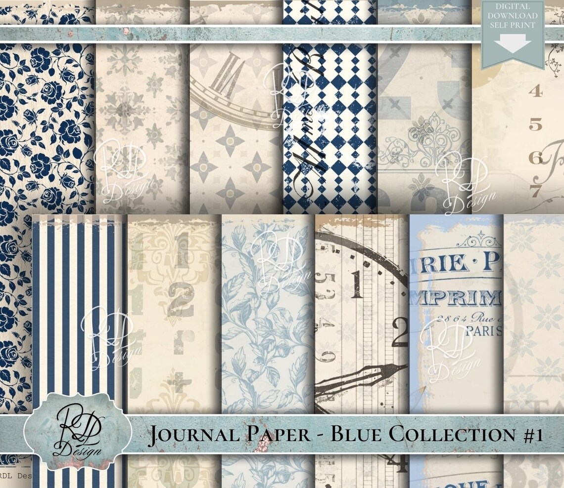 Navy Blue & Brown Digital Junk Journal Pages Printable Paper Textures ...
