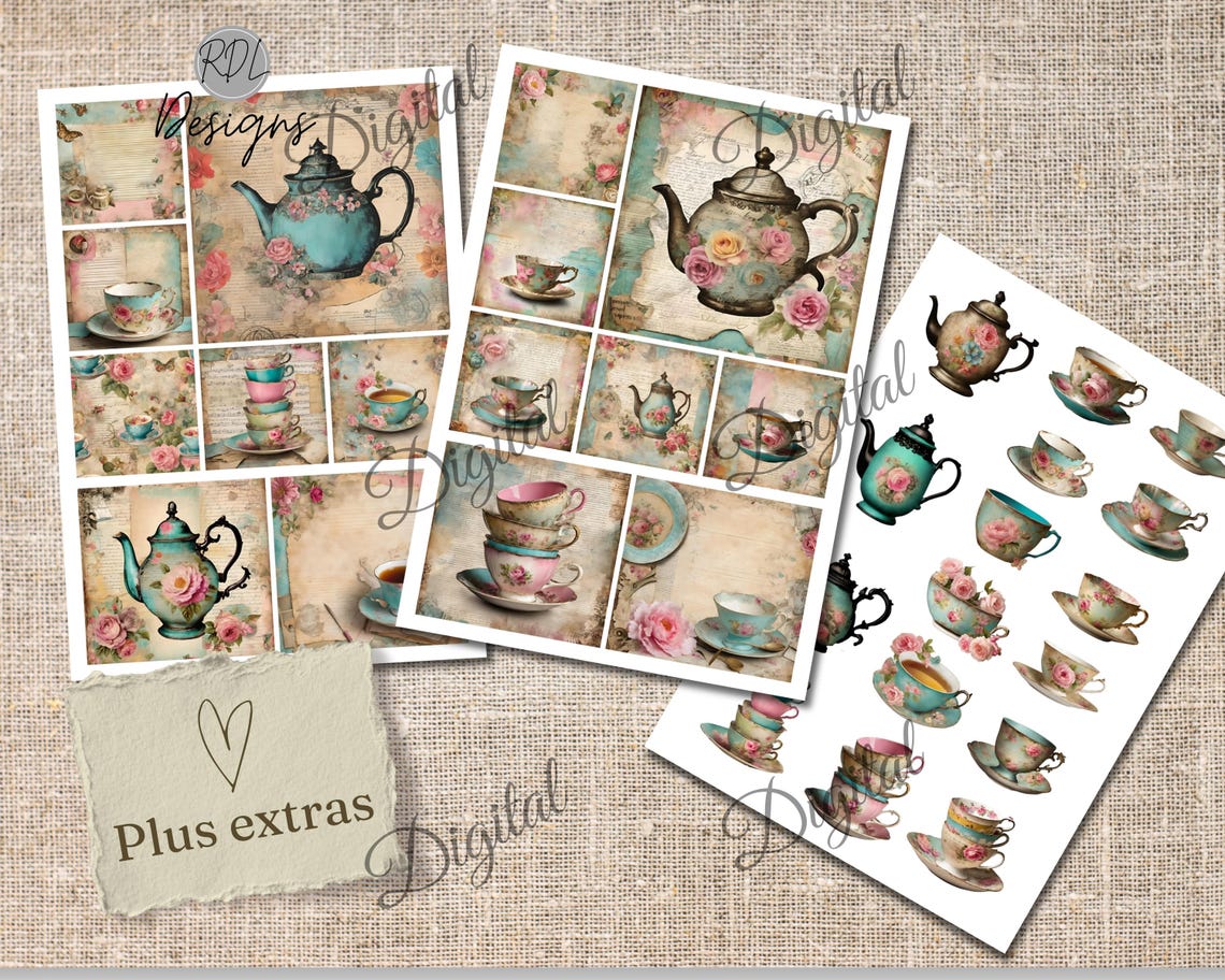 Printable Digital Paper English Tea Junk Journal Kit Teapot Printable ...