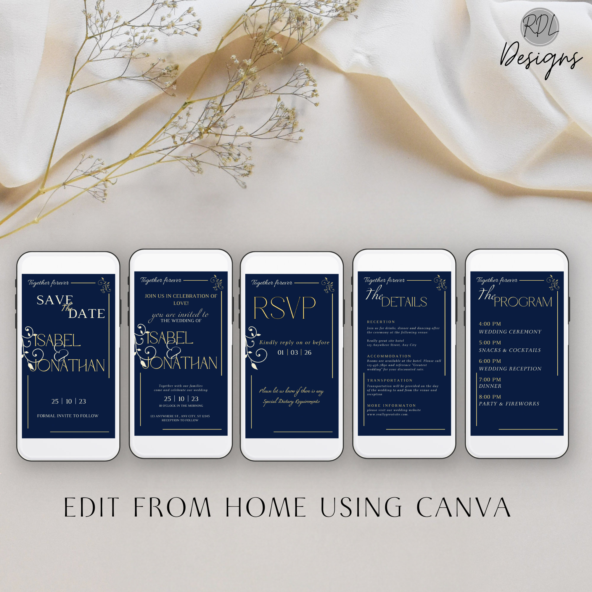 Navy Wedding Evite Template Navy Blue and Gold Wedding Evite Wedding ...