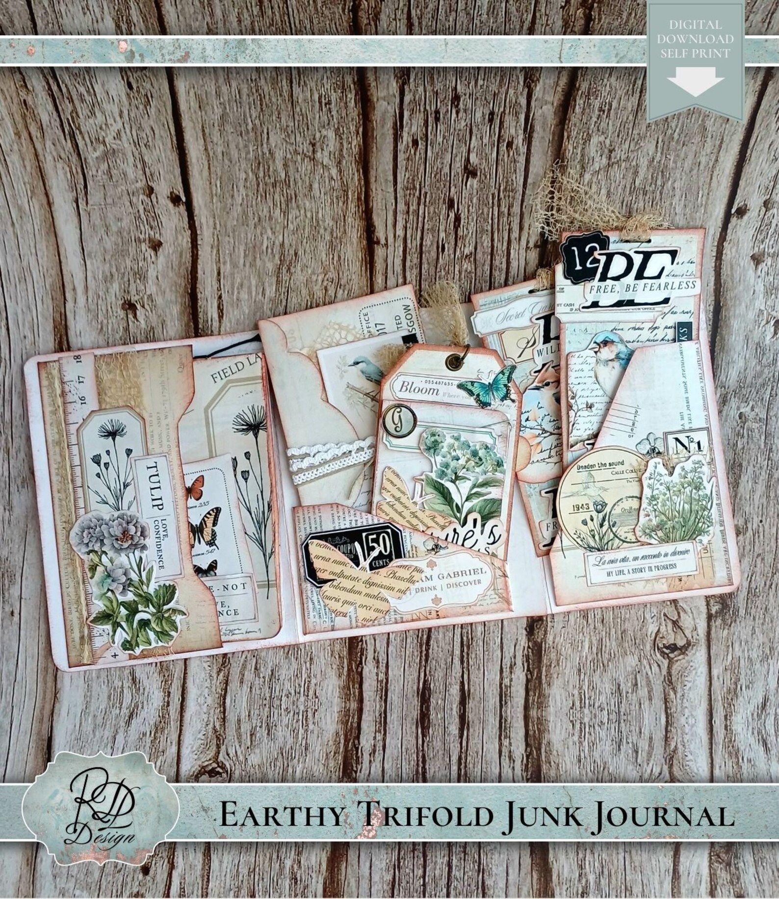 Earthy Trifold Junk Journal Kit Printable Bird and Floral Ephemera ...