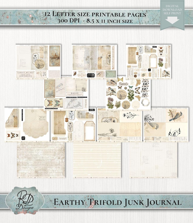 Earthy Trifold Junk Journal Kit Printable Bird and Floral Ephemera ...