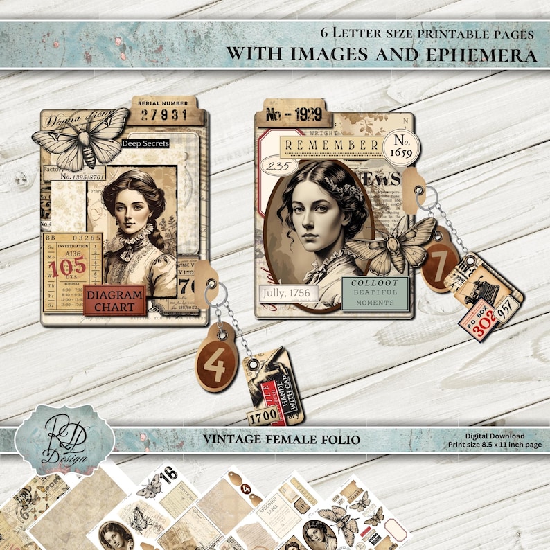 Vintage Female Folio Junk Journal Digital Kit Vintage Specimen Ephemera Specimen Moth File ...