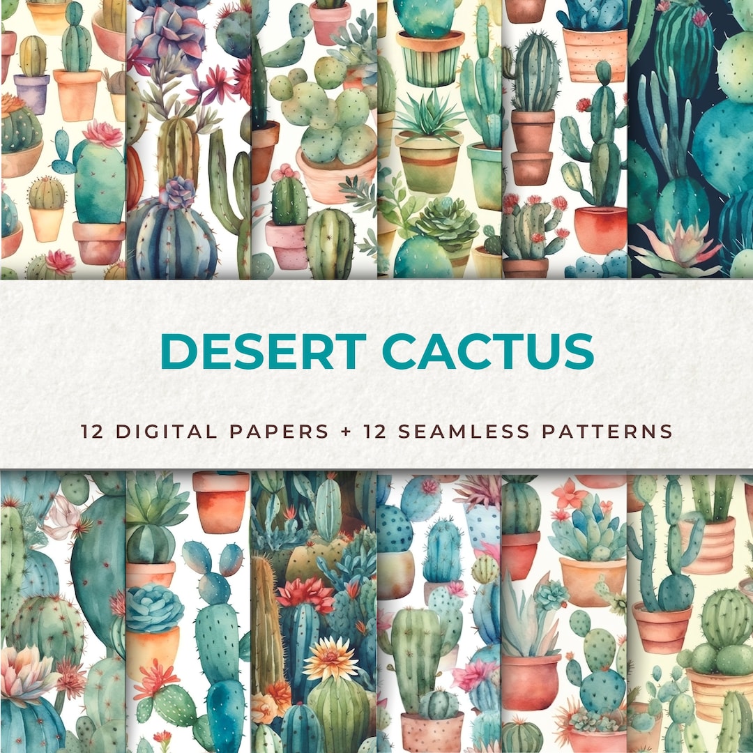Watercolor Desert Cactus Digital Papers - Set of 24 High-quality JPEG ...