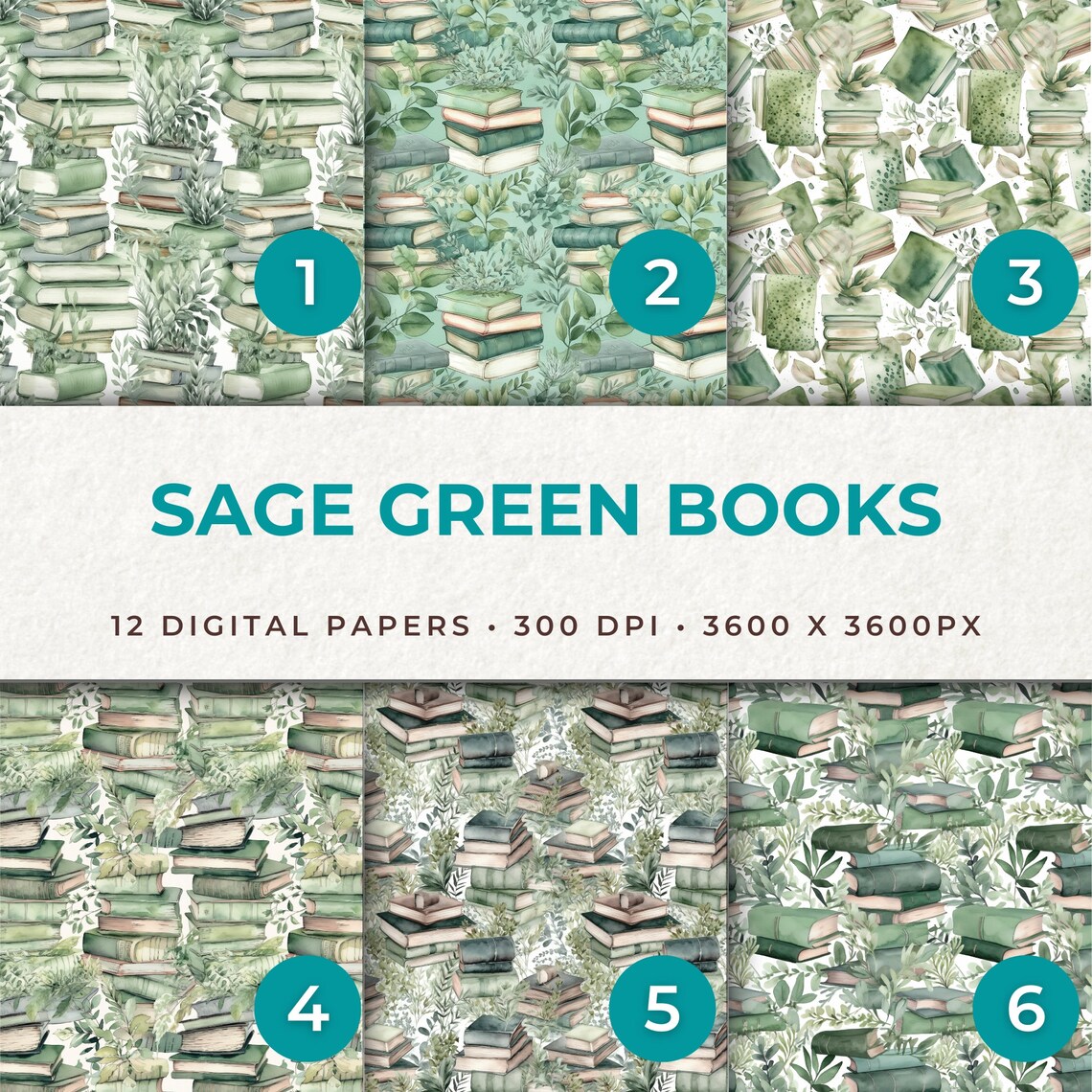 12 Sage Green Book Digital Papers With Seamless Pattern for ...