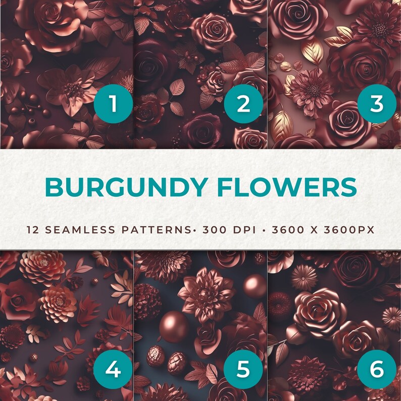 Regal Elegance: 3D Burgundy and Rose Gold Flowers Seamless Digital ...