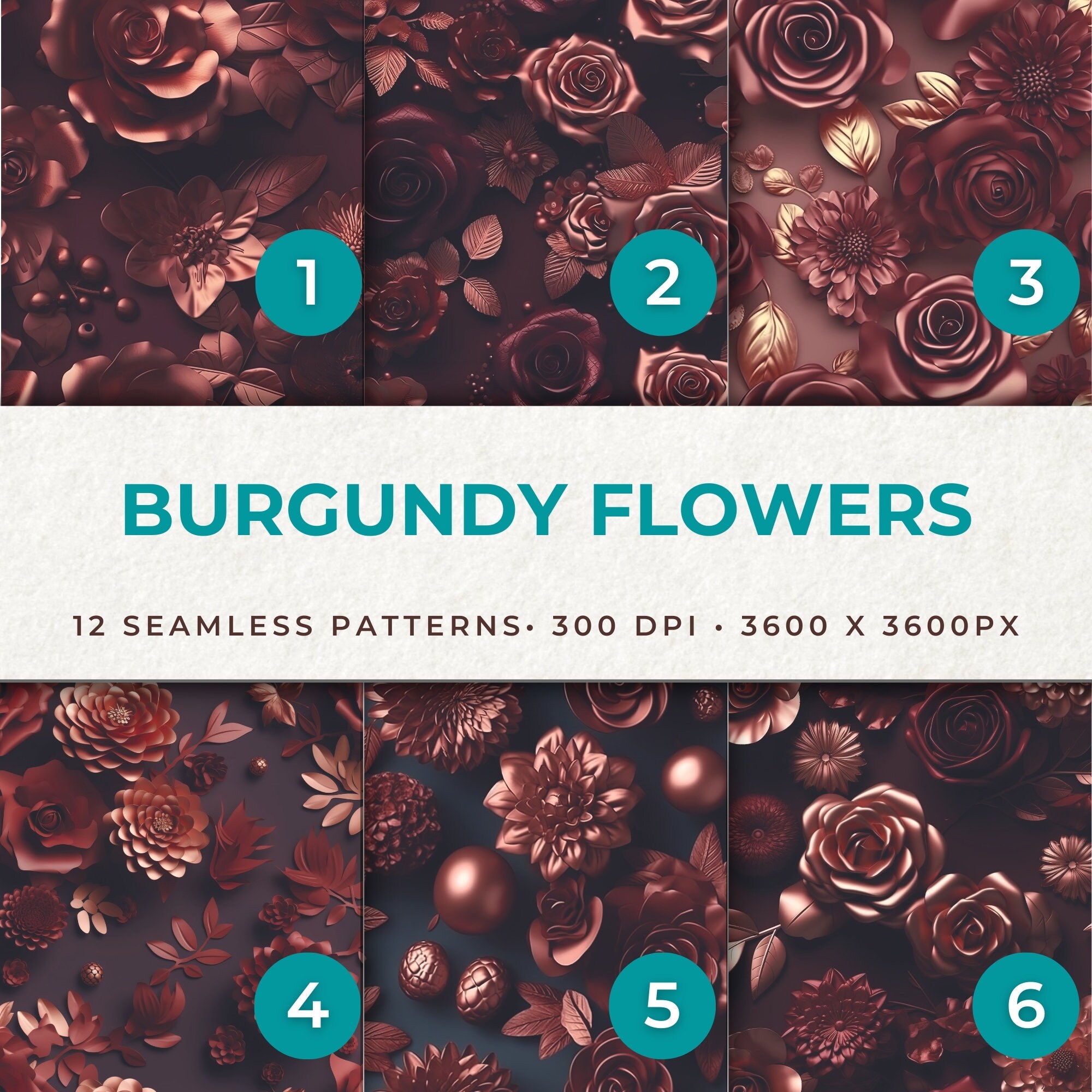 Regal Elegance: 3D Burgundy and Rose Gold Flowers Seamless Digital ...