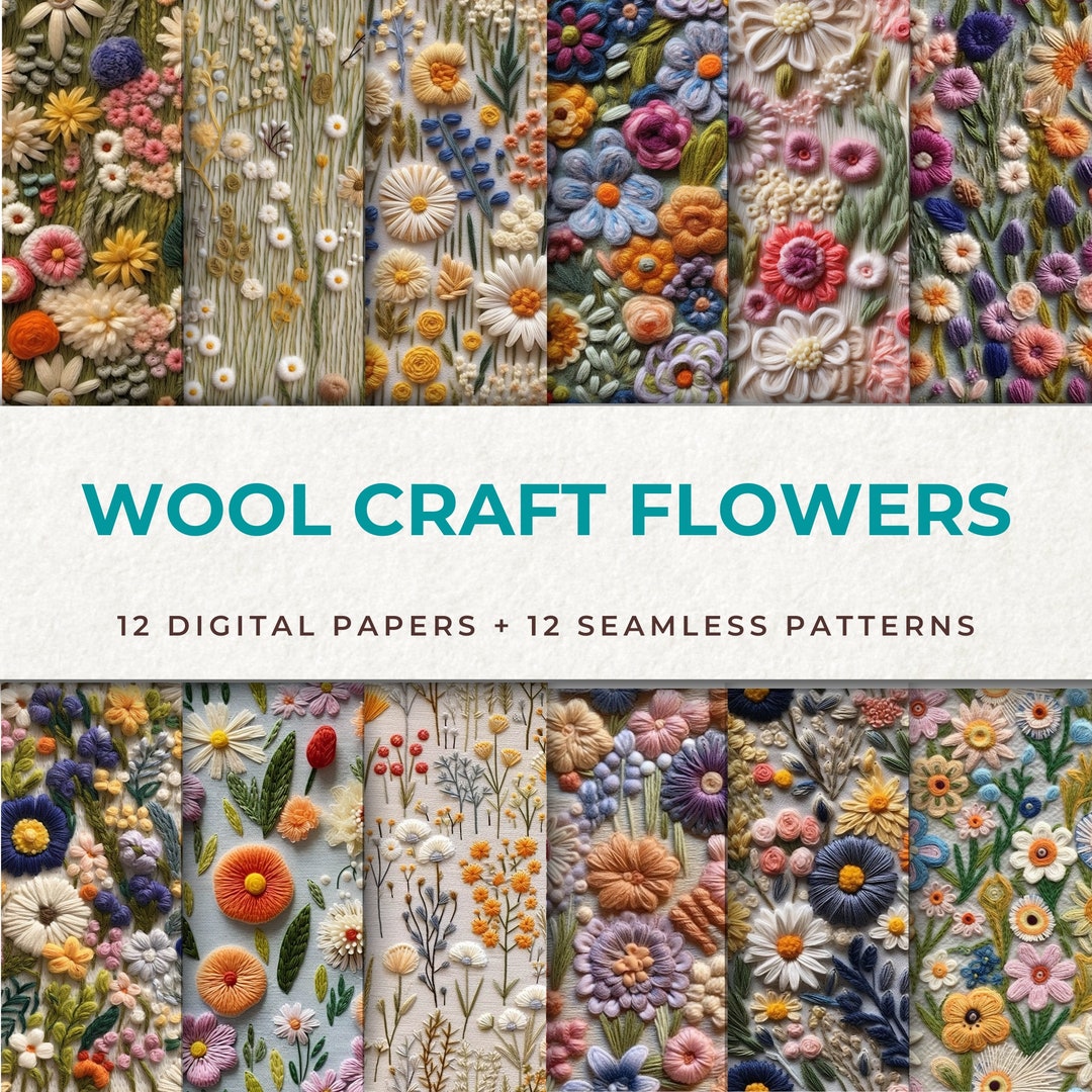 Crafted With Love: 12 Digital Papers With Charming Wool Craft Flowers ...