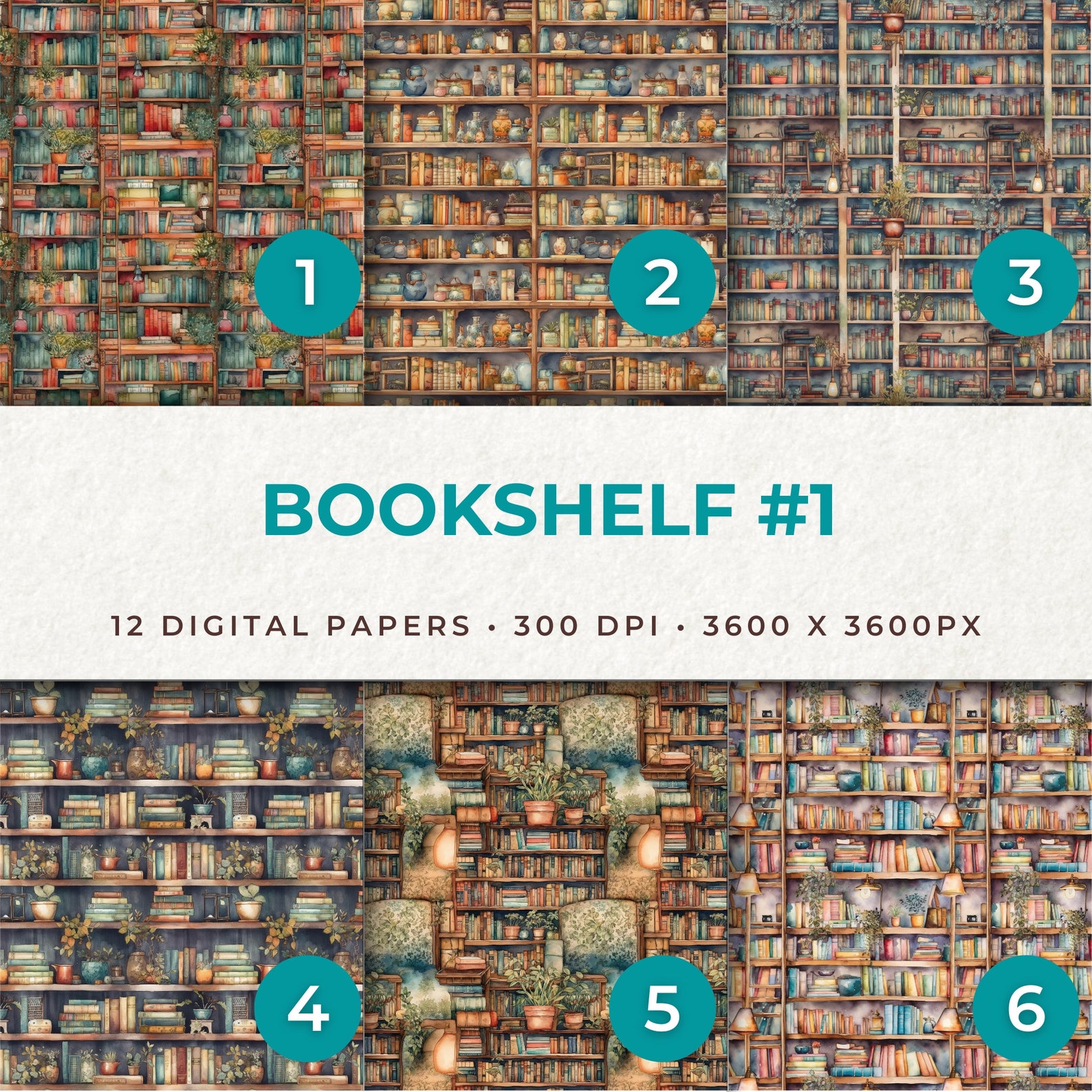 Bookshelf Digital Paper Pack - Set of 24 High-quality JPEG Files ...