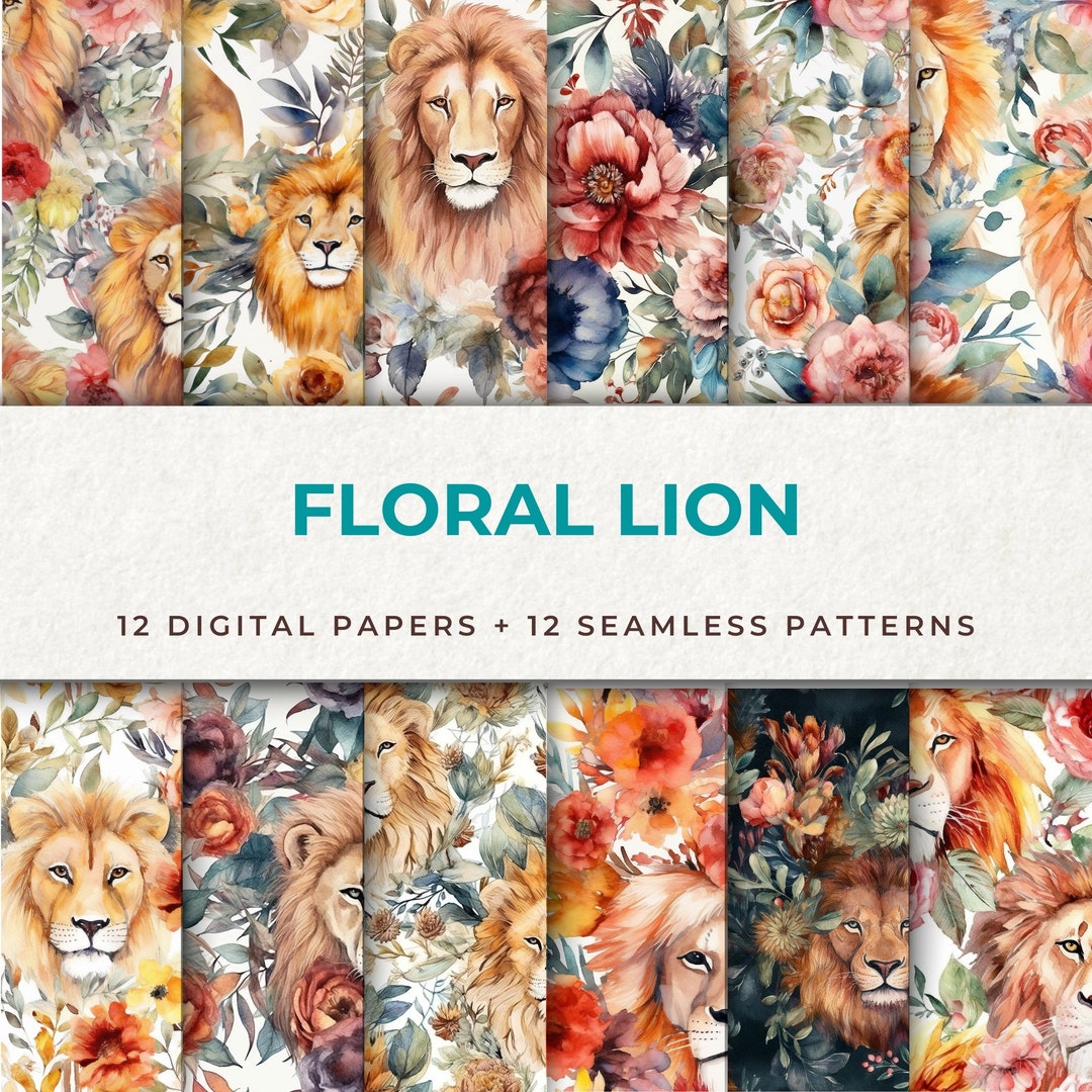 12 Digital Papers With Floral Lion Seamless Pattern - Unleash Your ...