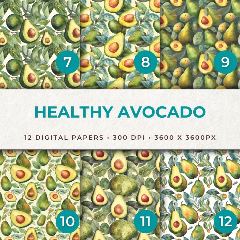 Avocado Digital Papers - 12 Printable Scrapbook Pages, Cute Avocado ...