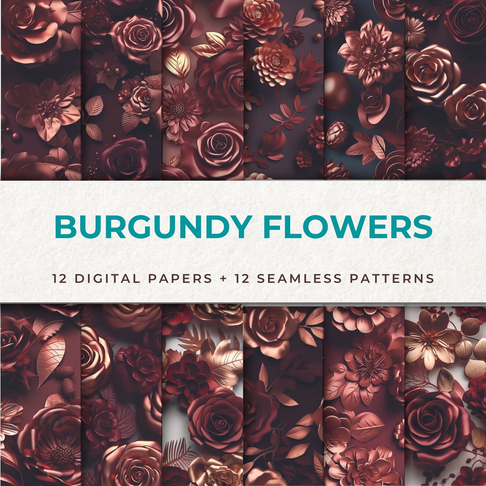 Regal Elegance: 3D Burgundy and Rose Gold Flowers Seamless Digital ...