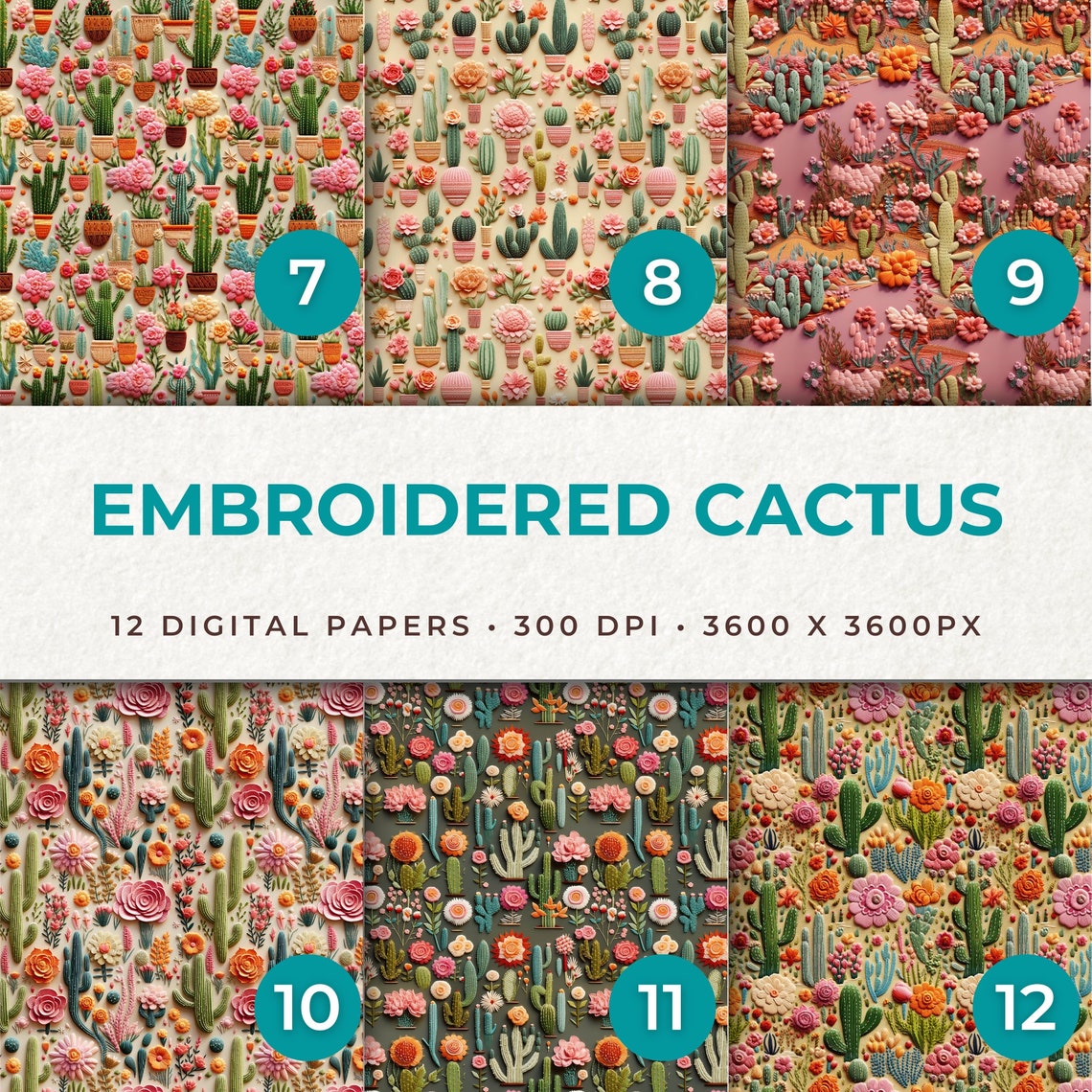 Embroidered Desert Cactus Digital Papers - 12 Southwestern Seamless ...