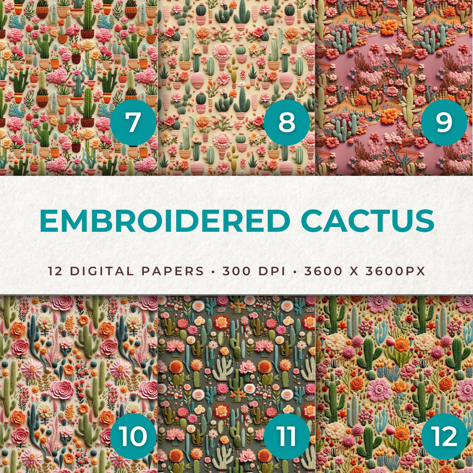 Embroidered Desert Cactus Digital Papers 12 Southwestern Seamless ...