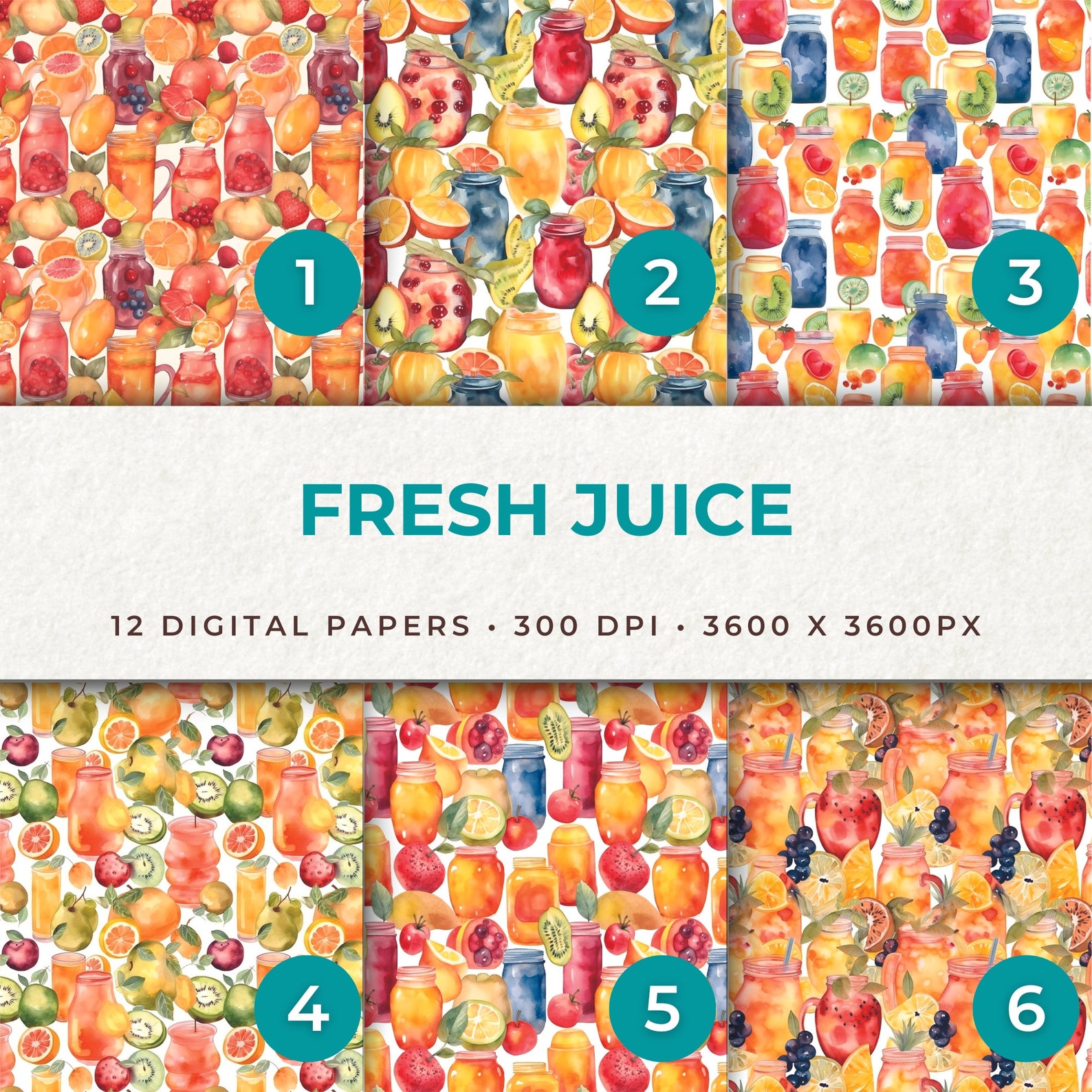 Fresh Juice Digital Papers - Set of 12 Watercolor Patterns for ...