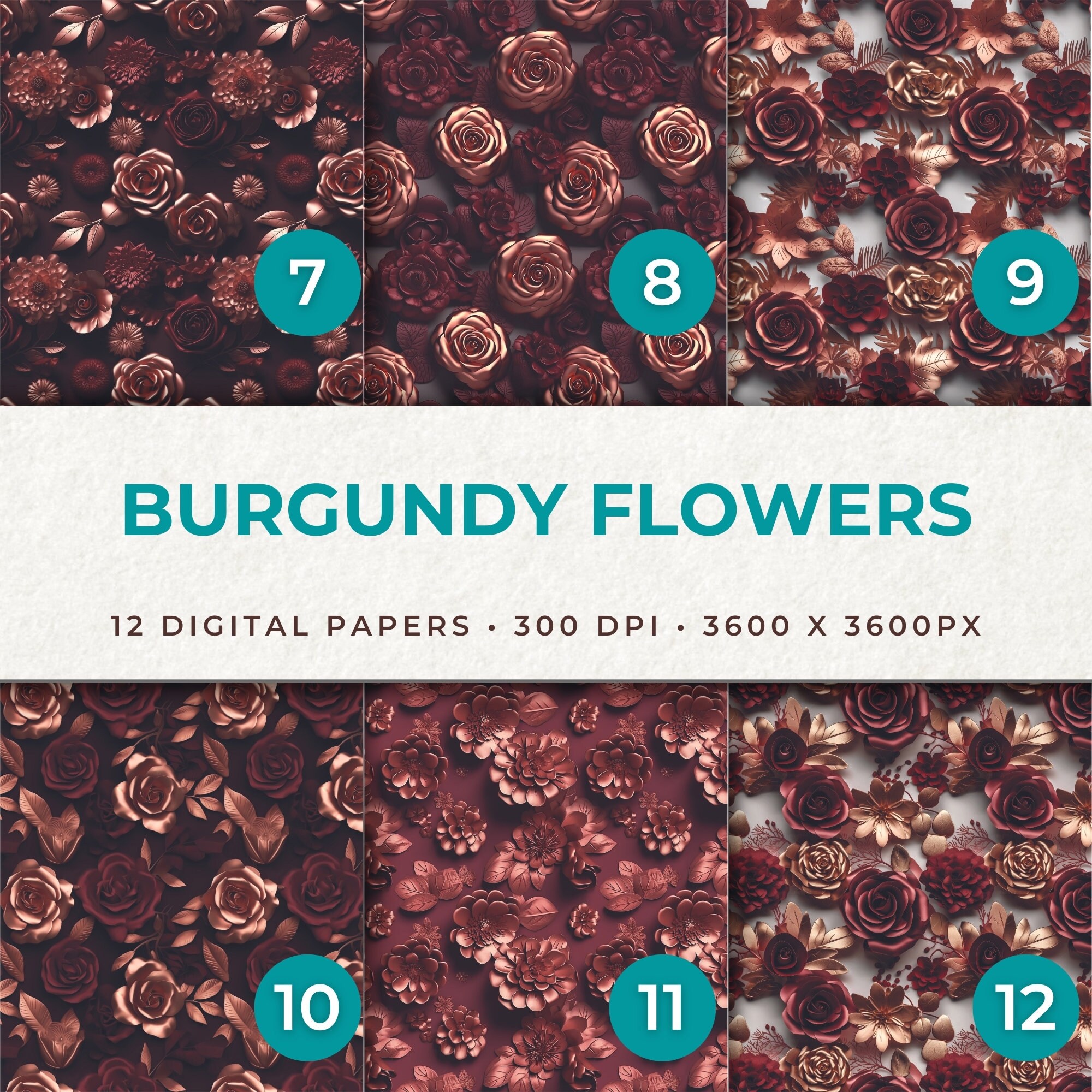 Regal Elegance: 3D Burgundy and Rose Gold Flowers Seamless Digital ...