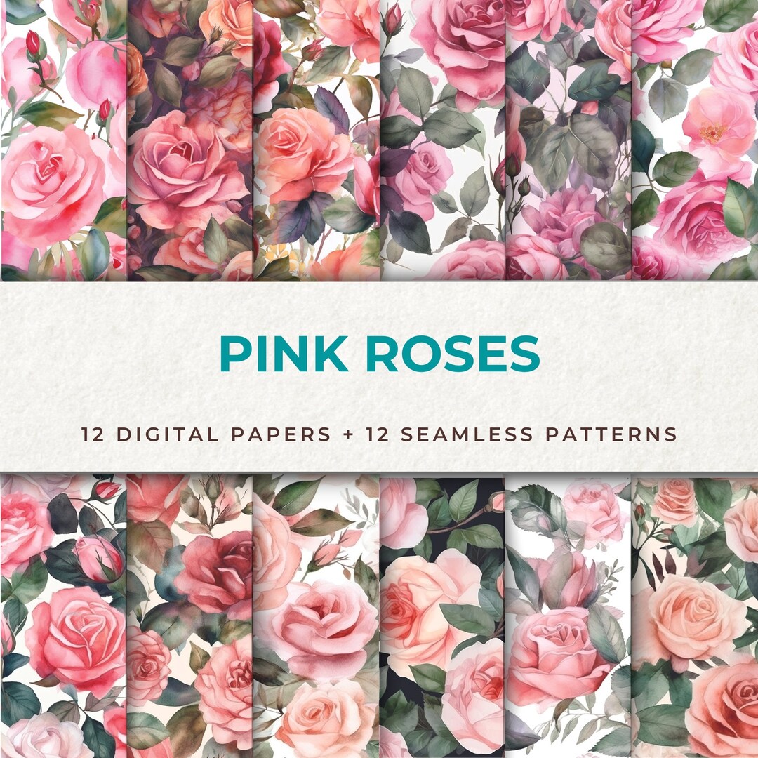 Pink Roses Digital Paper Pack - Set of 24 High-quality JPEG Files, Pink ...