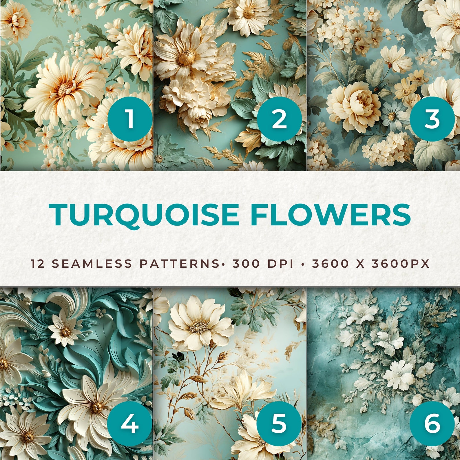 Shabby Turquoise Flowers Digital Papers - Vintage-inspired, Chic Design ...