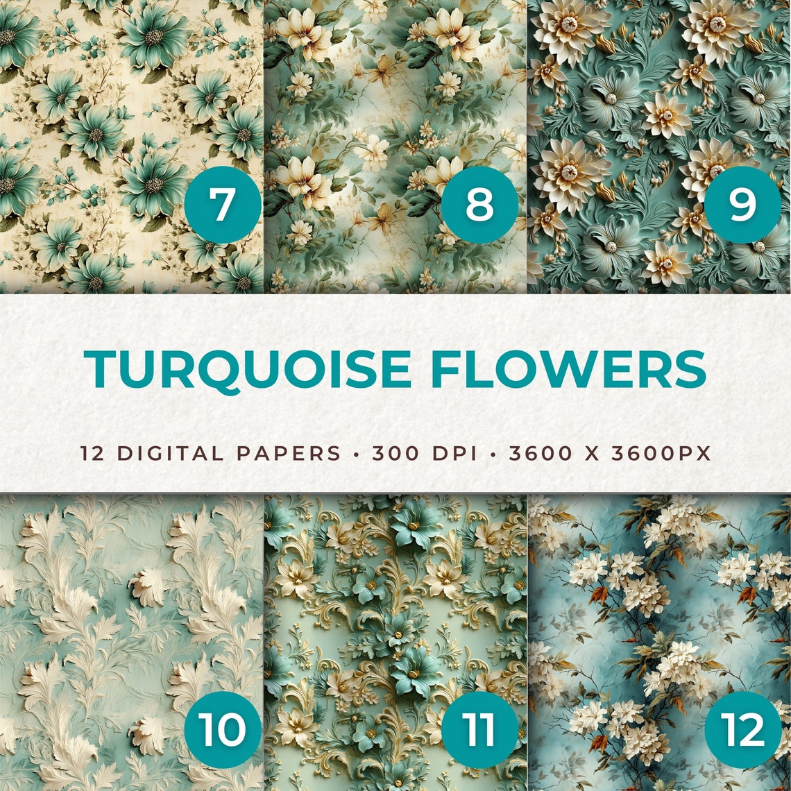 Shabby Turquoise Flowers Digital Papers - Vintage-inspired, Chic Design ...