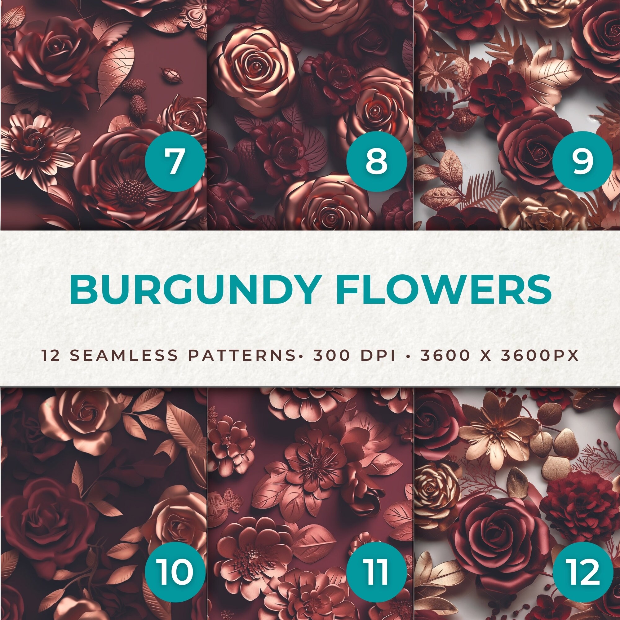Regal Elegance: 3D Burgundy and Rose Gold Flowers Seamless Digital ...