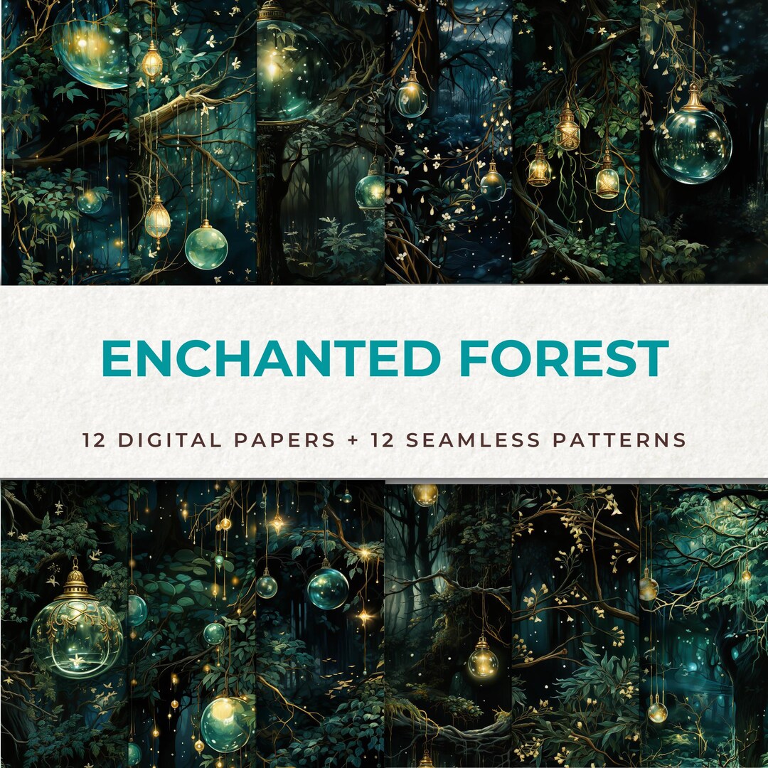 Green Enchanted Forest Digital Papers - Mystical Woodland Patterns for ...
