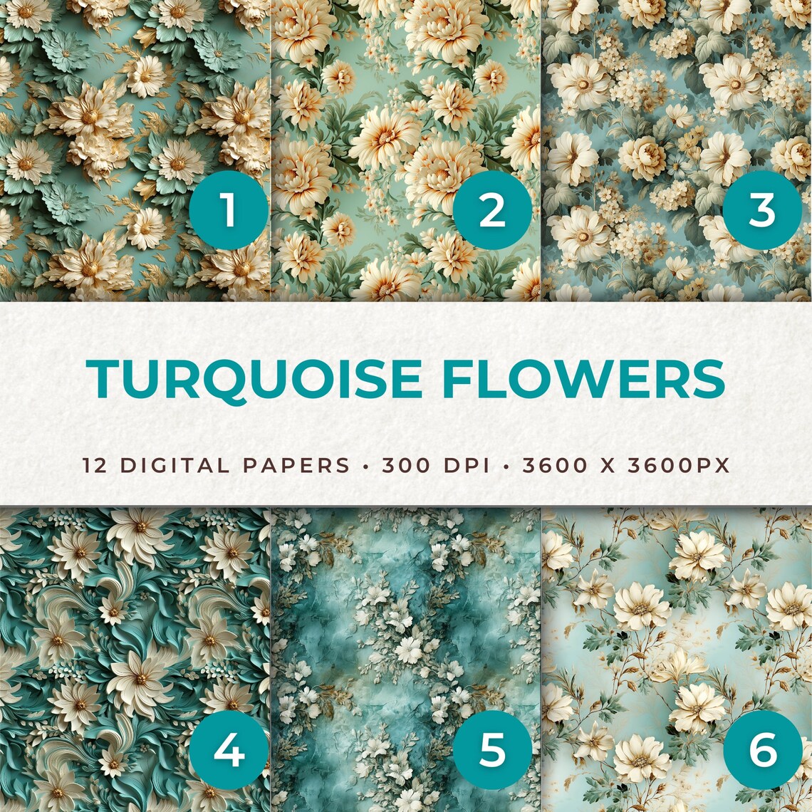 Shabby Turquoise Flowers Digital Papers - Vintage-inspired, Chic Design ...