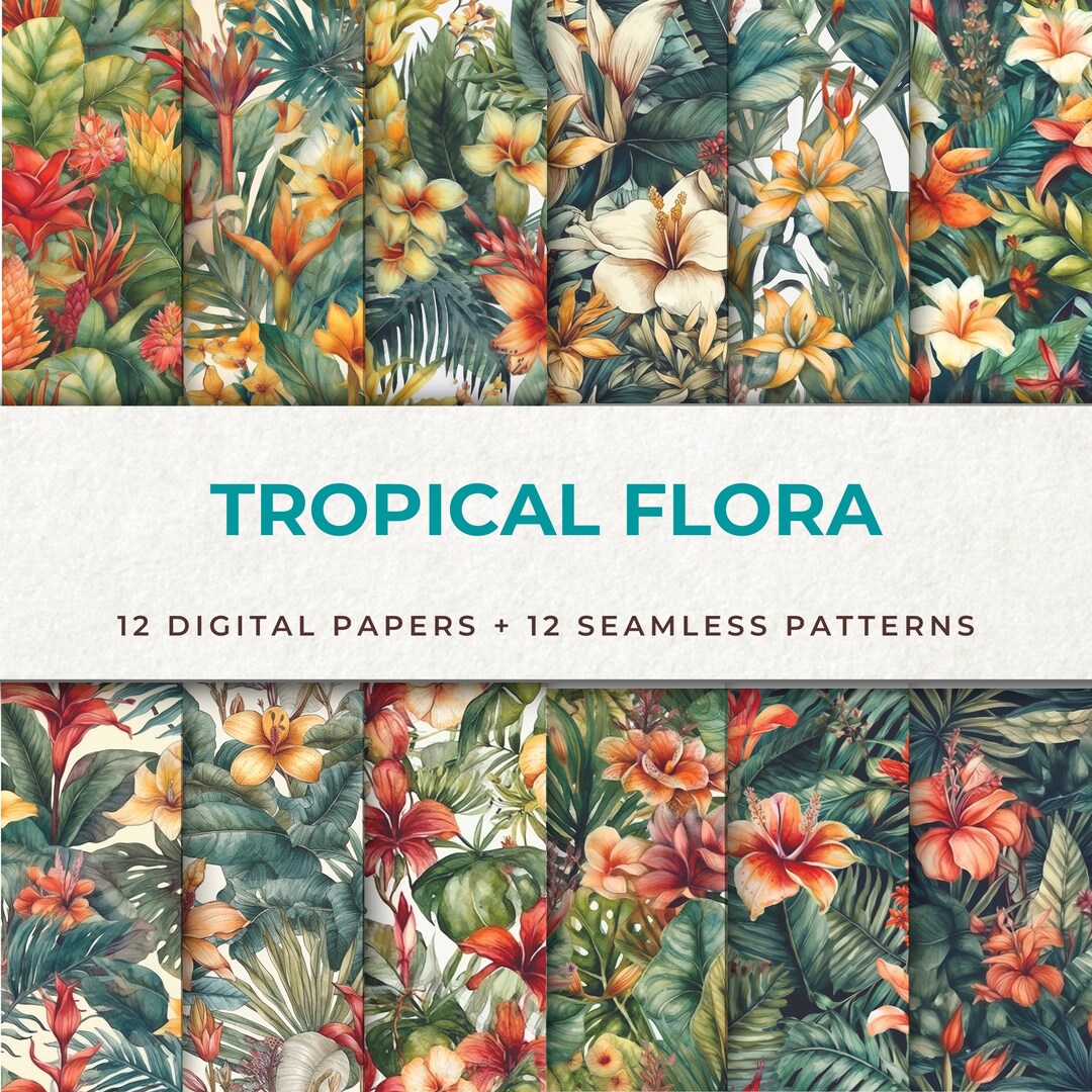 Lush Watercolor Tropical Flora Digital Papers - Perfect for Vibrant ...