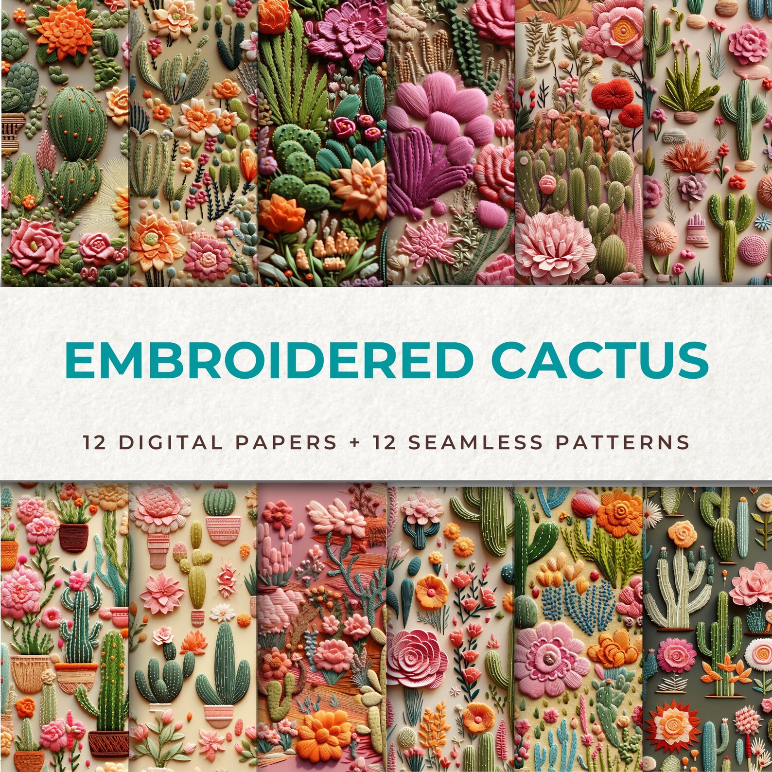 Embroidered Desert Cactus Digital Papers - 12 Southwestern Seamless ...