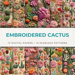 Embroidered Desert Cactus Digital Papers 12 Southwestern Seamless ...