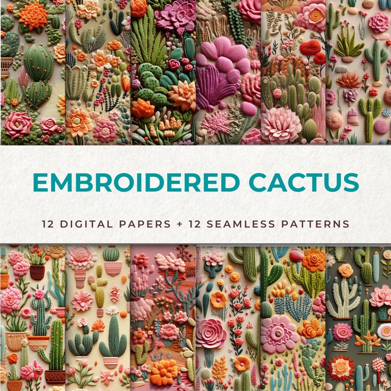 Embroidered Desert Cactus Digital Papers - 12 Southwestern Seamless ...