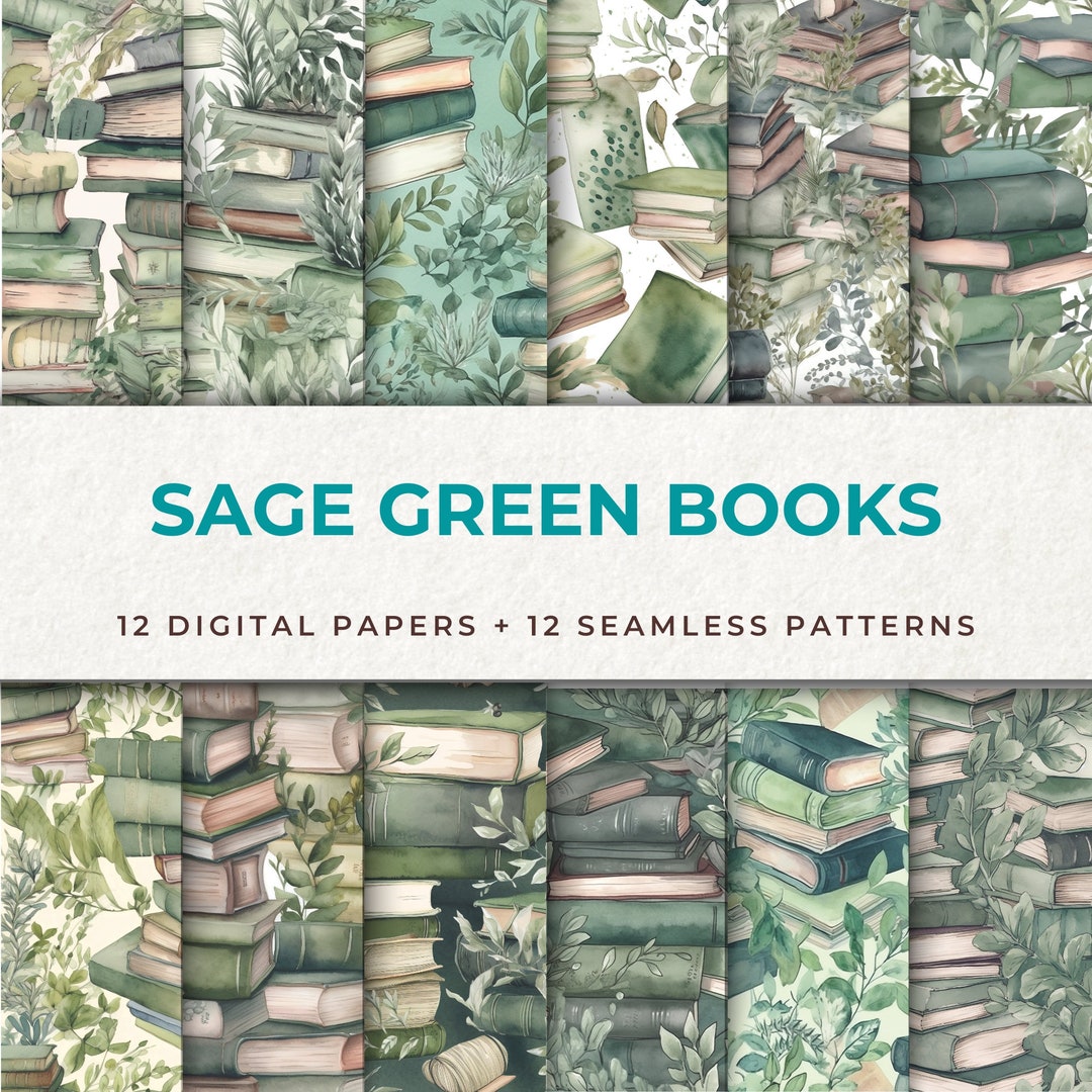 12 Sage Green Book Digital Papers With Seamless Pattern for ...