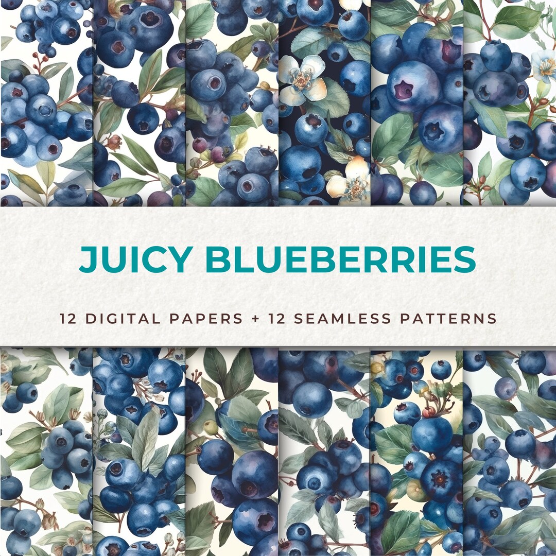 Watercolor Blueberries Digital Papers - Set of 24 High-quality JPEG ...
