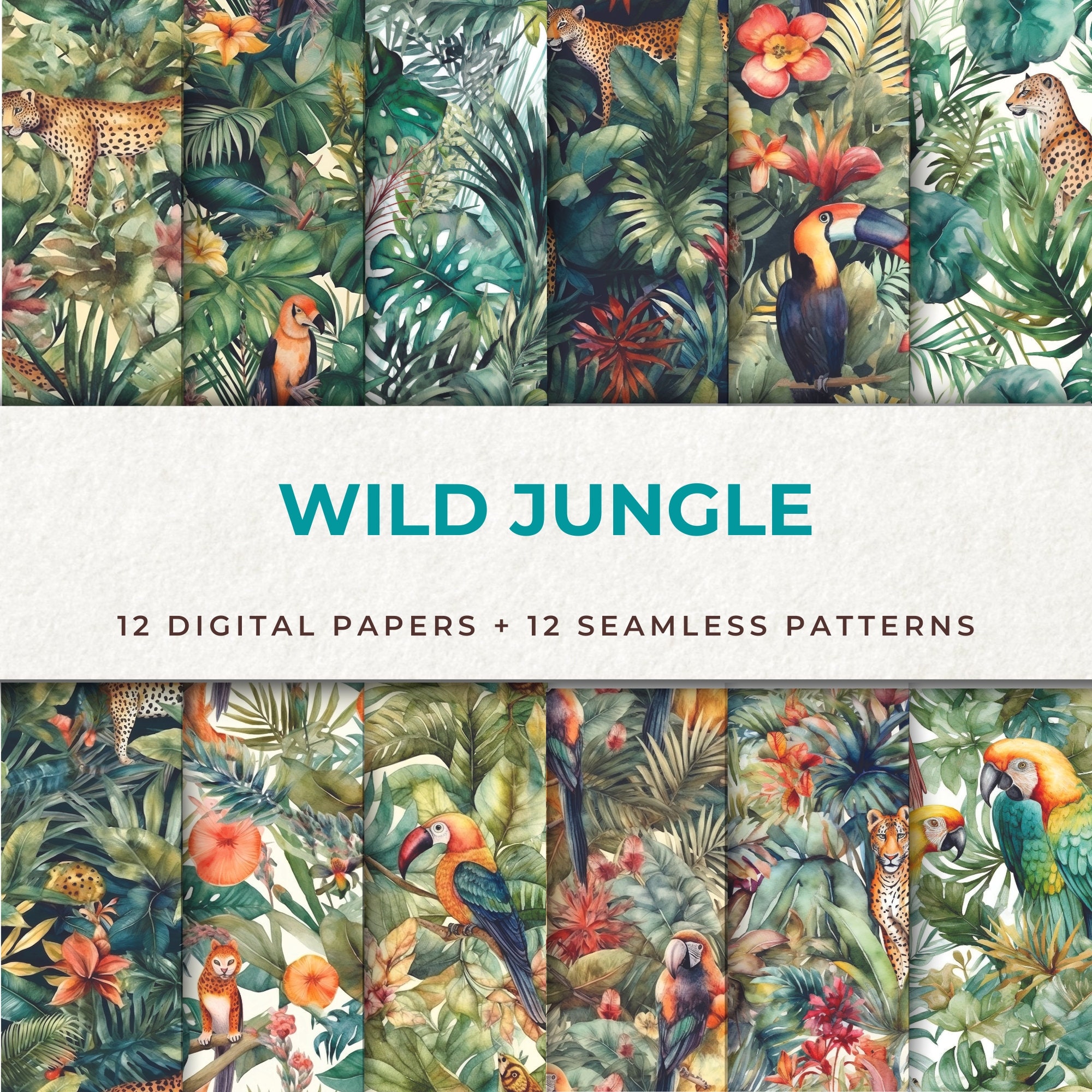 Wild Tropical Jungle Digital Papers - Set of 12 Seamless Patterns for ...