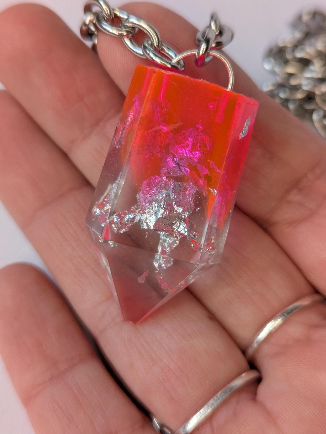 Pink, Clear & Silver Resin Crystal Necklace Handmade Gothic Pendant ...
