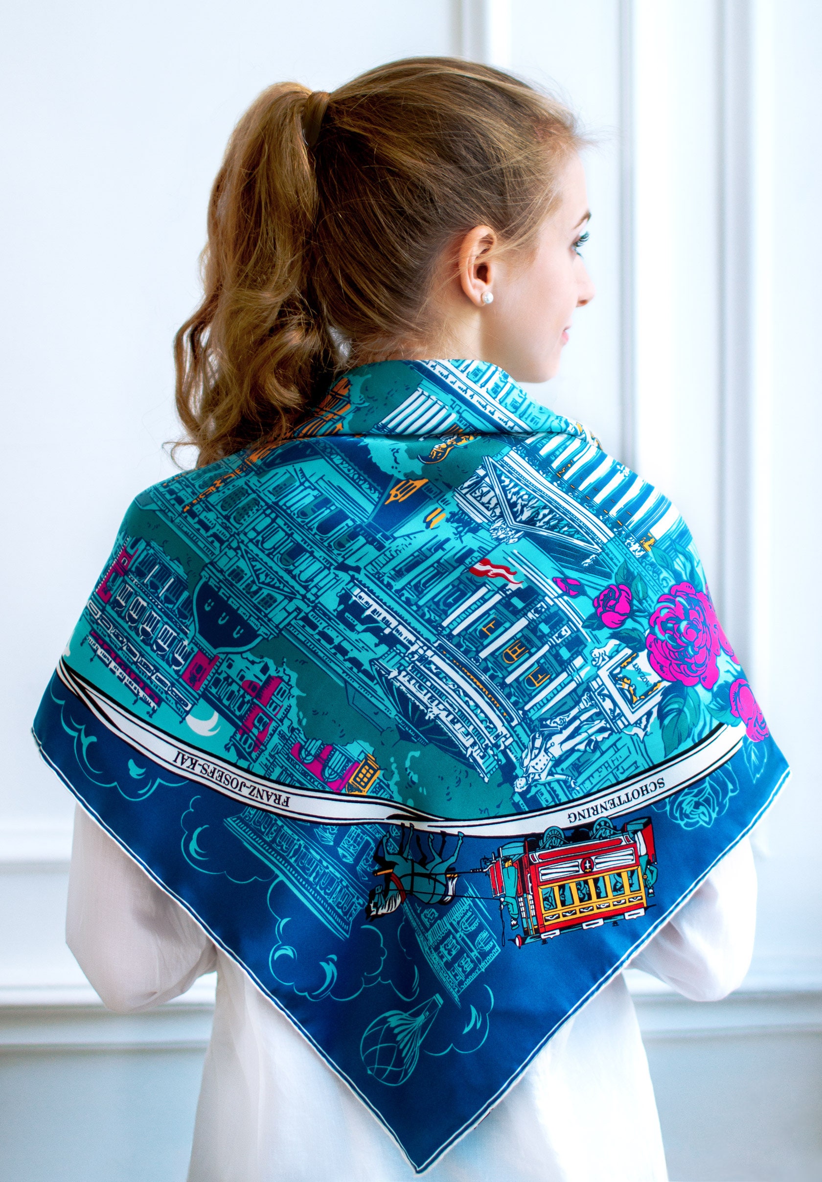 Blue Designer Silk Scarf, Architechtural Print, Vienna, Gift for Her ...