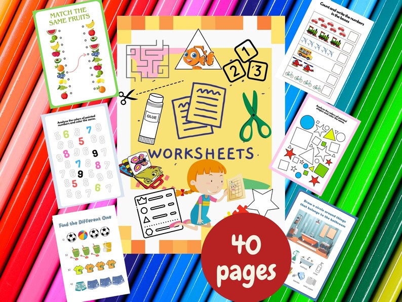 40 Pages Kids Activity Sheets, Printable Kids Activity Book, Toddler ...