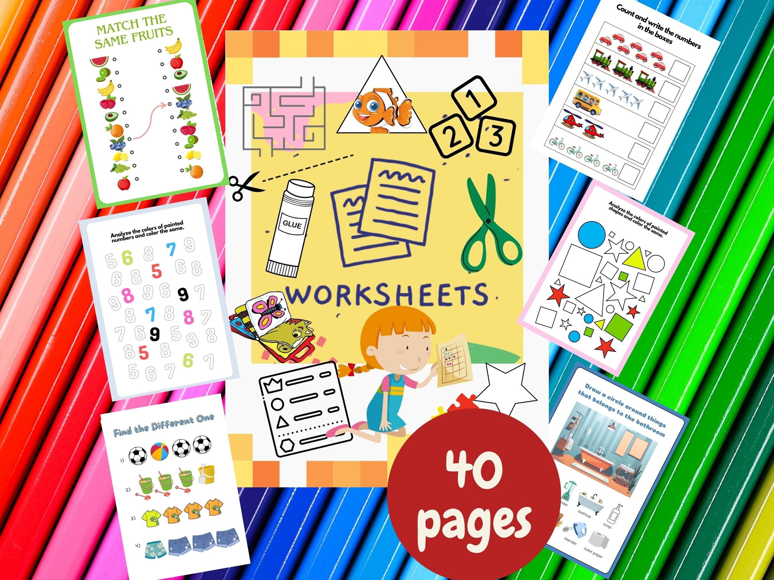 40 Pages Kids Activity Sheets, Printable Kids Activity Book, Toddler ...