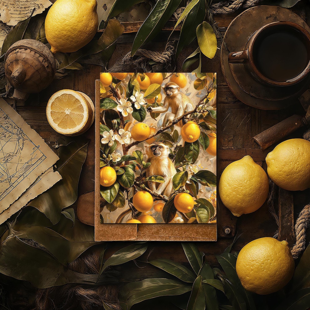 Capuchin Monkeys in Lemon Tree Card Vintage Adventure Card Capuchin ...