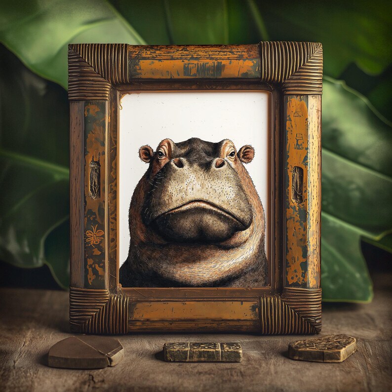 Serious Hippo Art Print: Vintage Safari Animal Illustration - Etsy