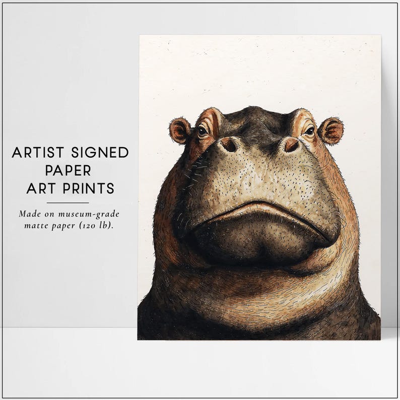 Serious Hippo Art Print: Vintage Safari Animal Illustration - Etsy