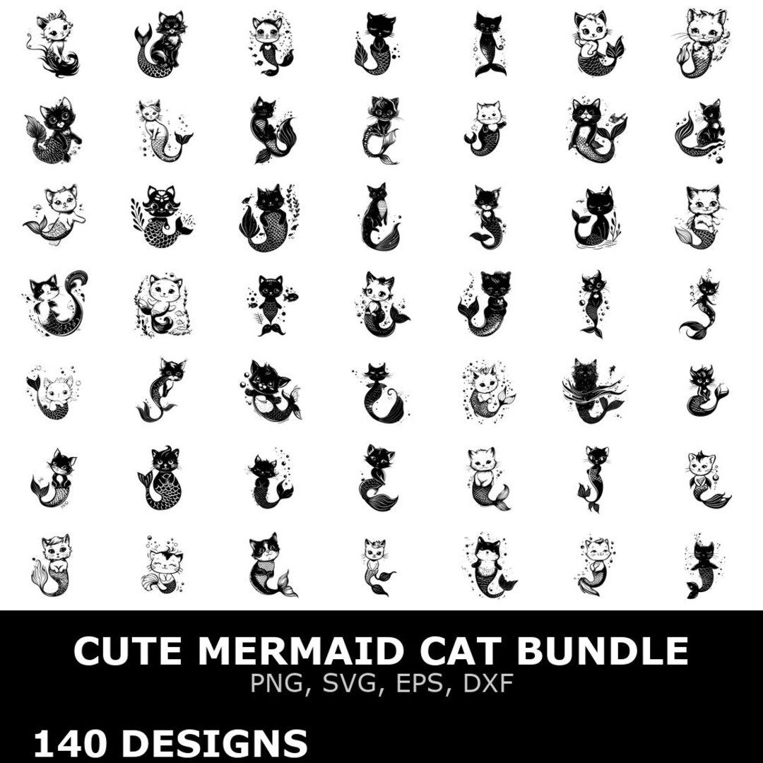Cute Mermaid Cat Digital Clipart Bundle Svg Png Eps Dxf Cricut Cutting ...