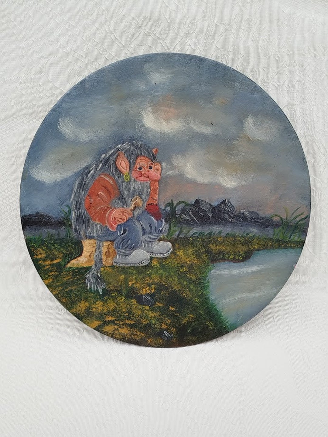 Hand Painted Norwegian Troll Wood Decorative Plate- Troll Sitting in ...