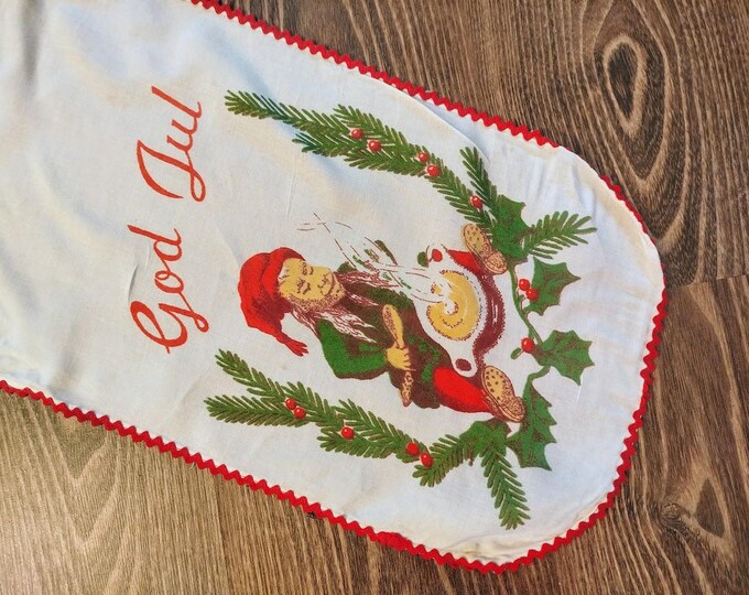 1960's God Jul Scandinavian Christmas Table Runner With Gnome Eating ...